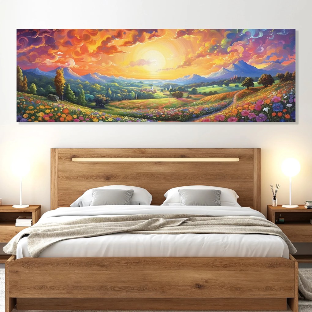 Obraz na plátně - Květinová krajina při západu slunce FeelHappy.cz Velikost obrazu (šířka x výška): 210 x 70 cm