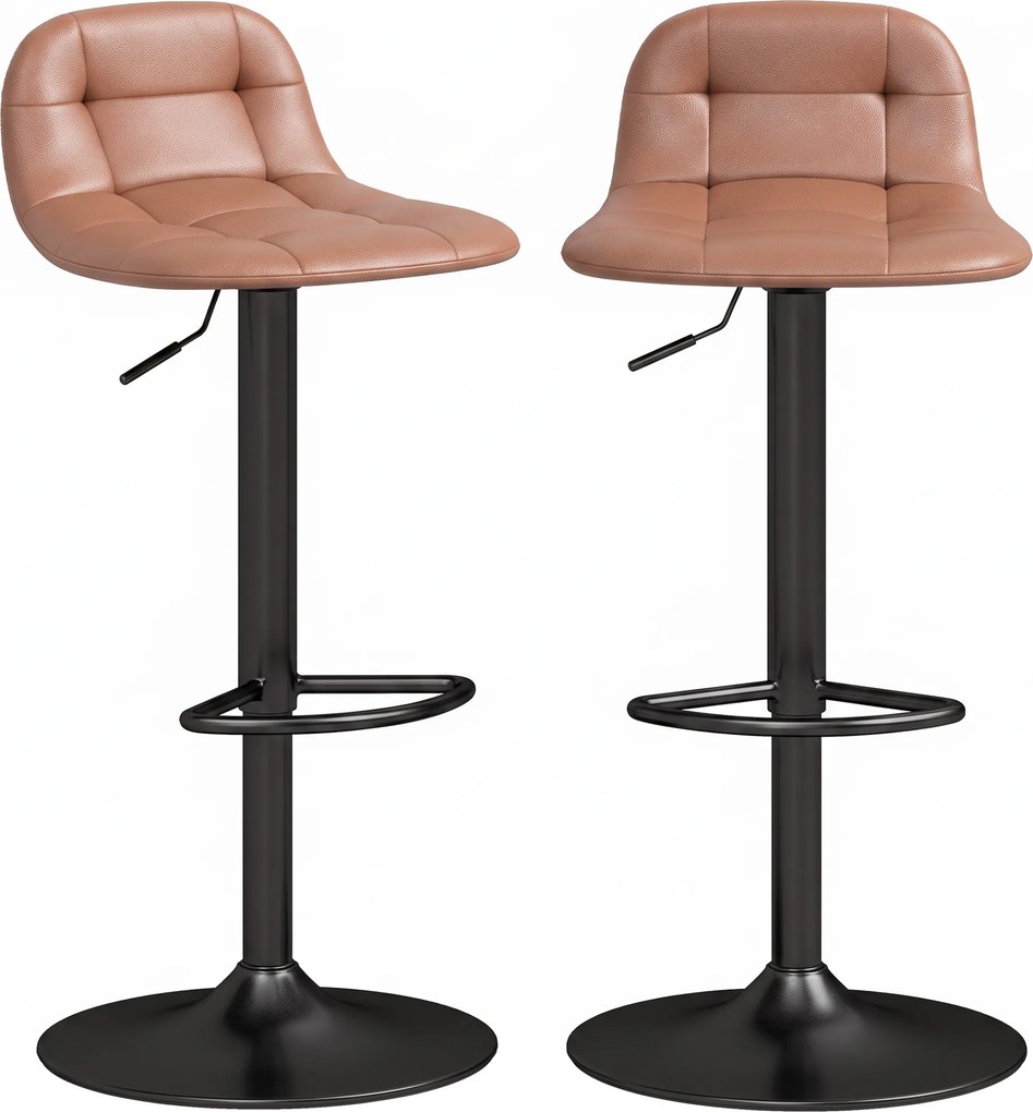 HOMCOM 2dílná sada barových židlí z PU kůže, retro-průmyslový styl, výškově nastavitelná, otočná o 360°, 40x41,5x76-98cm, tmavě hnědá