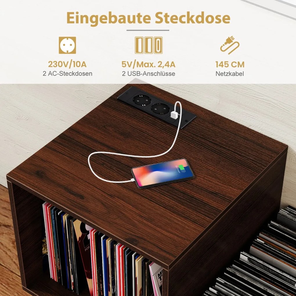 Costway Stolek na gramofon s nabíjecí stanicí, hnědý