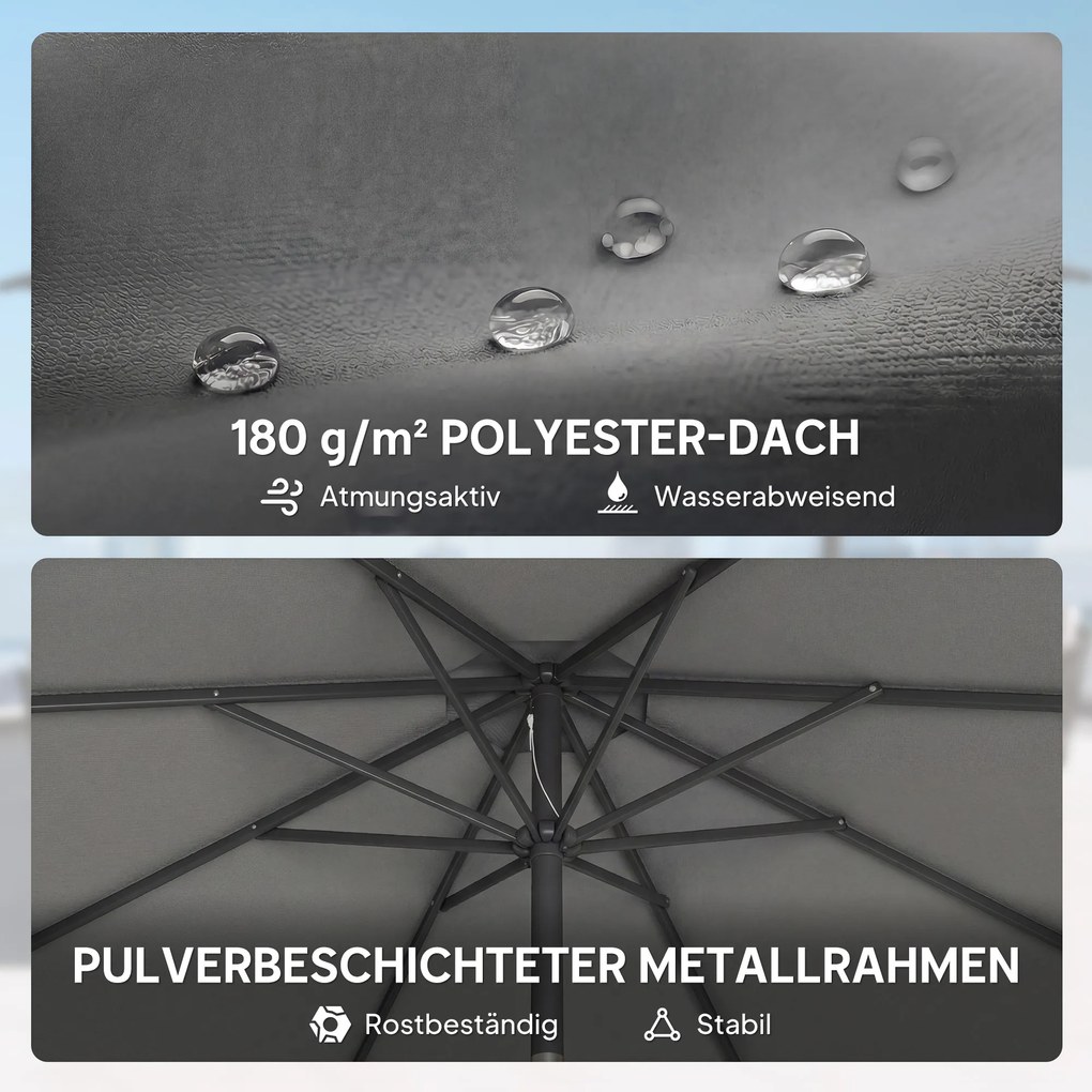 Slunečník cca Ø300 cm sklápěcí Balkonový slunečník s kličkou Křížový podstavec Pytlík na písek, UV 30+ Zatahovací Tmavě šedý