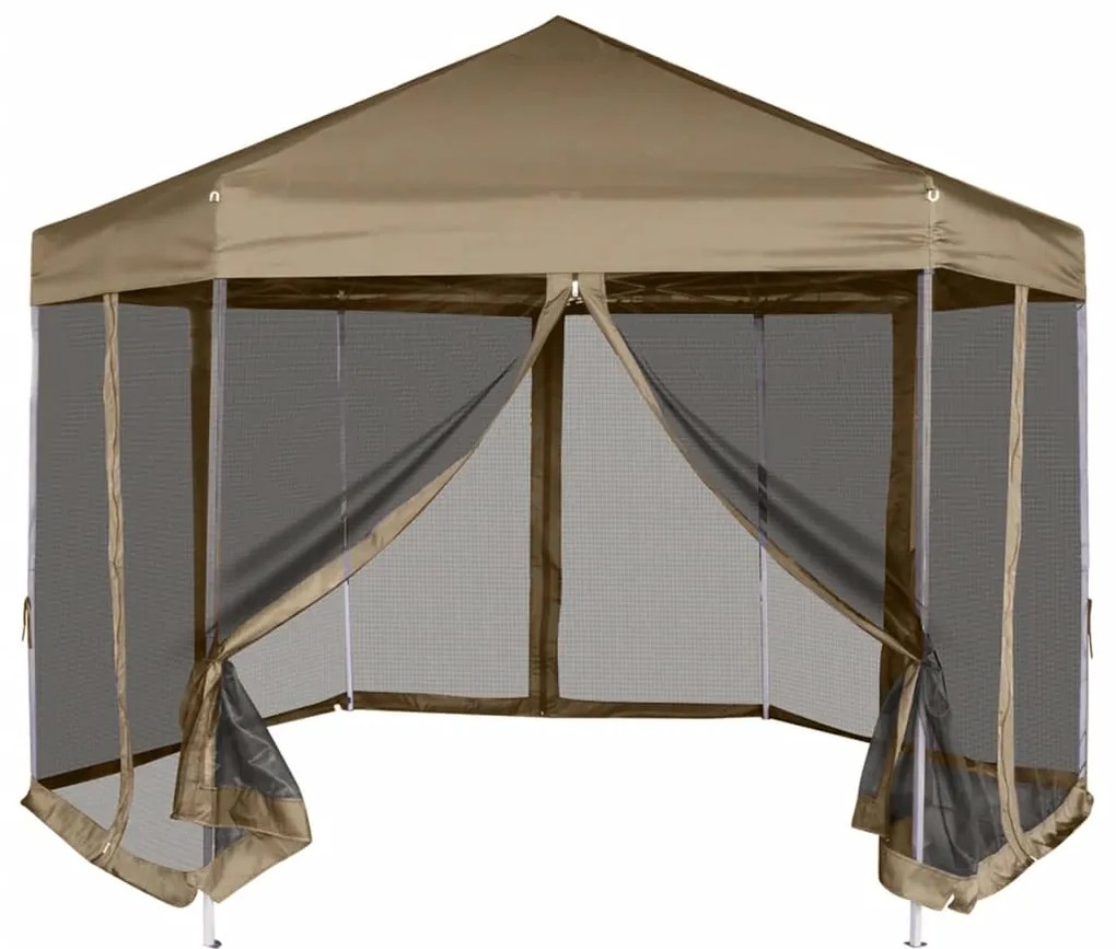 Šestihranný pop-up stan s bočnicemi 3,6 x 3,1 m taupe 220 g/m², 362013
