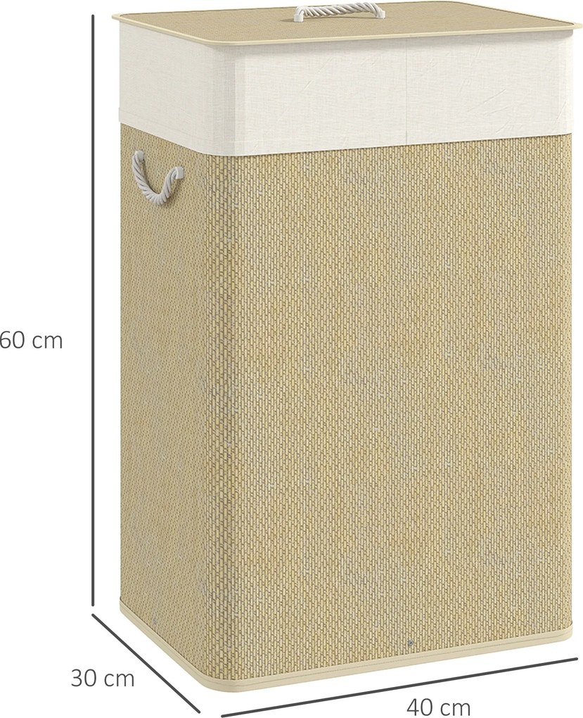 HOMCOM Koš na prádlo s víkem 72L, bambusový koš na prádlo s odnímatelnou vnitřní taškou a úchyty do prádelny, ložnice 40x30x60 cm Přírodní