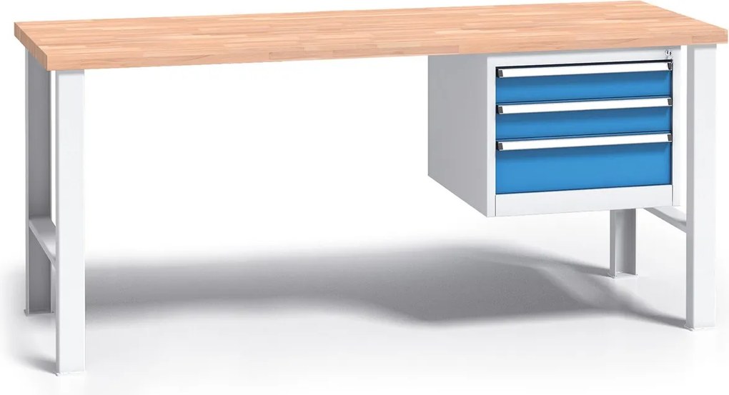 Pracovní stůl do dílny G3 se závěsným boxem na nářadí, buková spárovka, 3 zásuvky, pevné kovové nohy, 1700 mm, modrá
