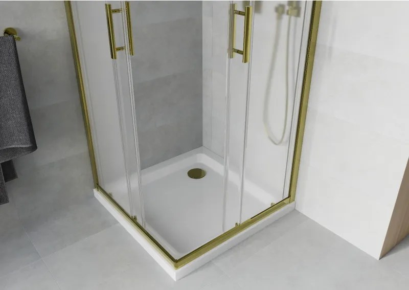 Mexen Rio, čtvercový sprchový kout s posuvnými dveřmi 90 (dveře) x 90 (dveře) x 190 cm, 5mm sklo námraza, zlatý profil + bílá sprchová vanička SLIM, 860-090-090-50-30-4010G
