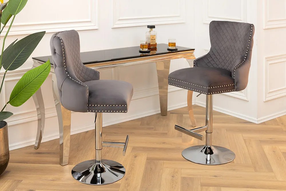 Designová barová židle Queen Lví hlava šedý samet