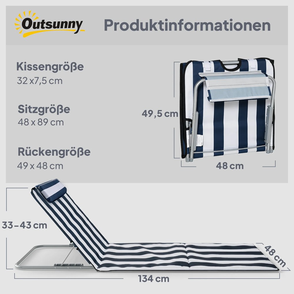 Lehátko skládací zahradní lehátko s polštářem pod hlavu Lehátko s opěradlem nastavitelným v 5 směrech Taška na přenášení Modrá barva
