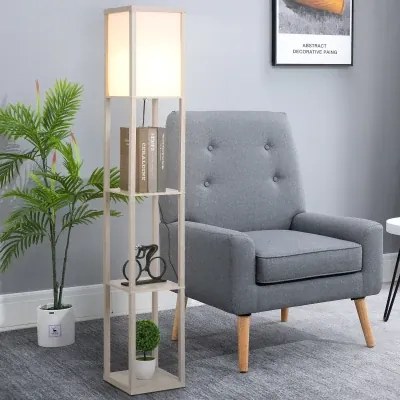 HOMCOM Stojací lampa se 3 policemi Stojací lampa, interiérové osvětlení, E27, do 40W, E1-MDF, akryl, dub+bílá, 26x26x160 cm