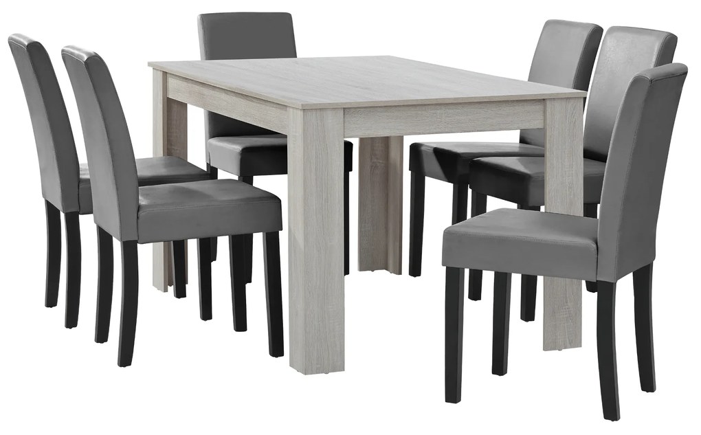 [en.casa] Jídelní set 1x jídelní stůl "Nora" HTFU-1403 dub bílý a 6x jídelní židle HTMY-9701 světle šedá