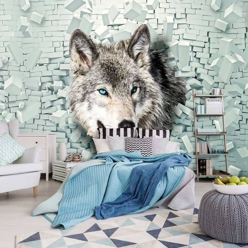 Fototapeta - Vlk vychází ze zdi 3D (254x184 cm)