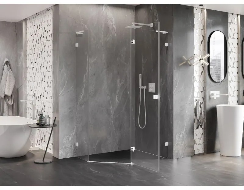 Mexen Lunar, L pravý výklopný pětiúhelníkový sprchový kout 100 x 90 cm, 8mm čiré sklo, bílý profil, 831L-100P-090L-20-00-P