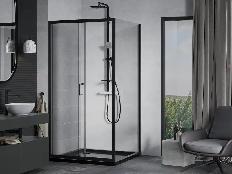 Mexen Apia posuvný sprchový kout 90 x 90 cm, transparentní, černý + plochá vanička, černá - 840-090-090-70-00-4070B