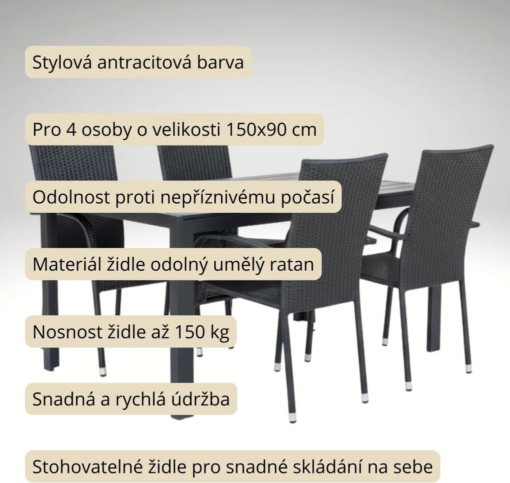 Vikio Zahradní ratanový set 150x90 pro 4 osoby DT255 antracit