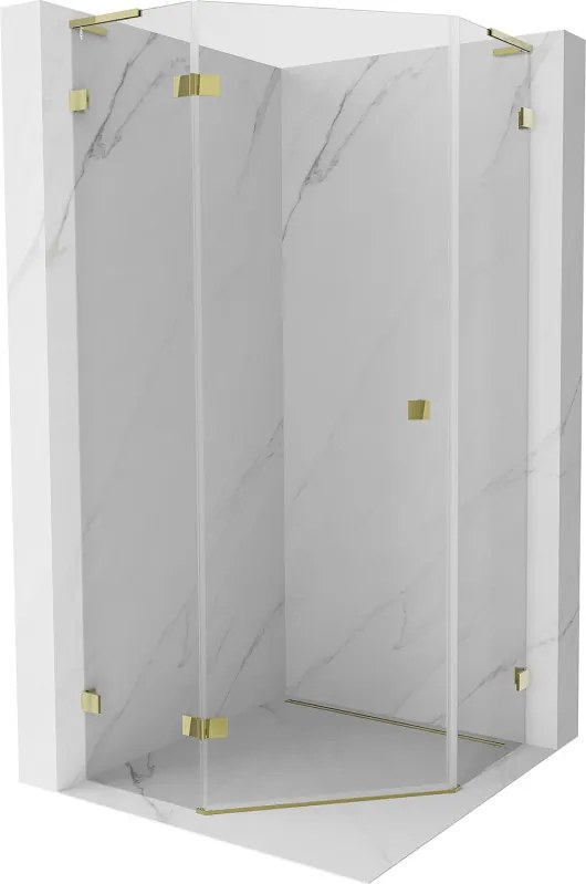 Mexen Lunar, L pětiúhelníkový sprchový kout naklápěcí doleva 100 x 100 cm, 8mm čiré sklo, zlatý profil, 831L-100L-100P-50-00-L