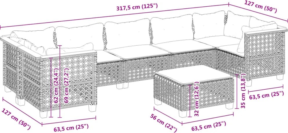 8dílná zahradní sedací souprava s poduškami černá polyratan 3261764