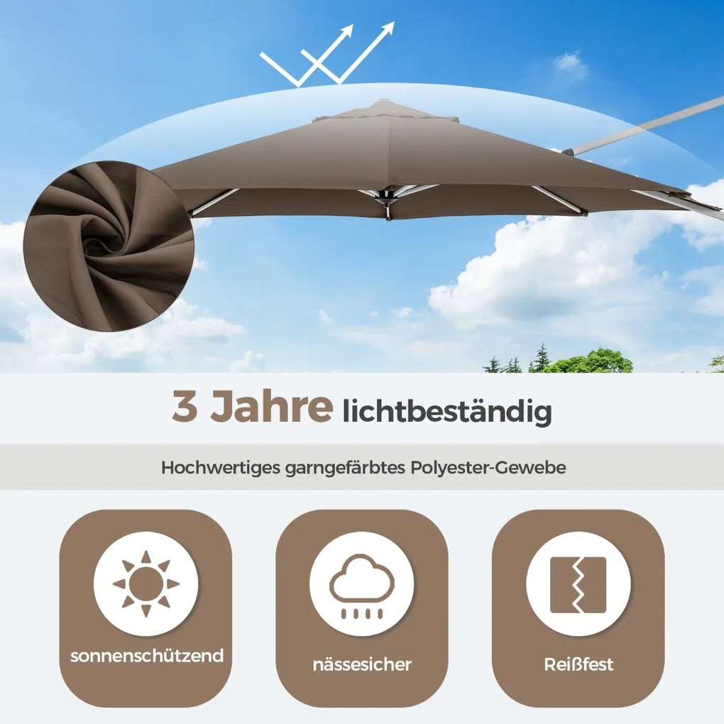 Costway Slunečník Ø 330 cm s klikou a UPF 50+ a 360° otočný, hnědý