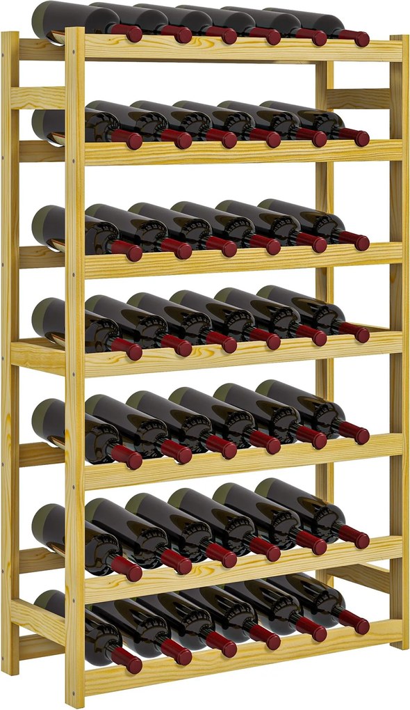 HOMCOM Stojan na víno pro 42 lahví, 7 pater, dřevěný držák s ochranou proti převržení do kuchyně, přírodní 63 x 25 x 102 cm | Aosom