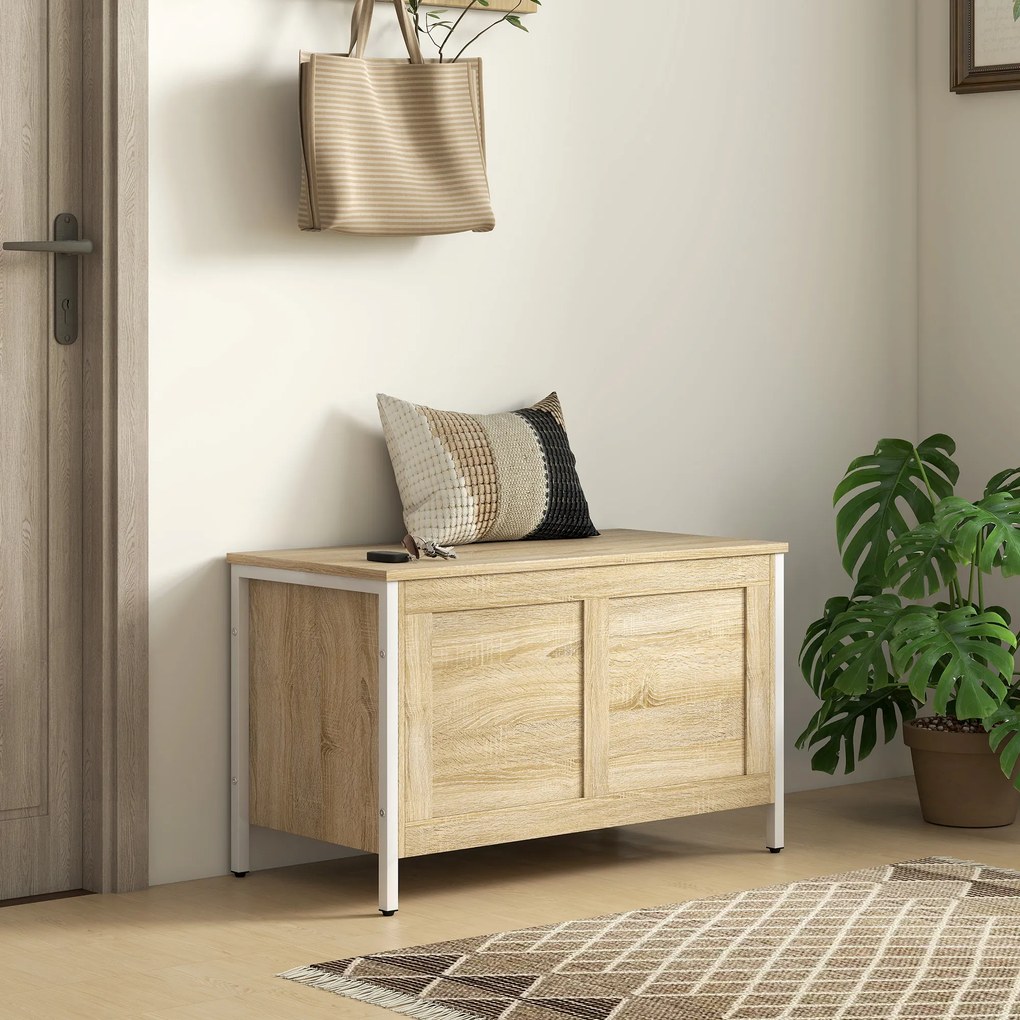 HOMCOM úložný truhla do ložnice 95 L s víkem, úložná lavice s bezpečnostními panty 80x40x50 cm dub