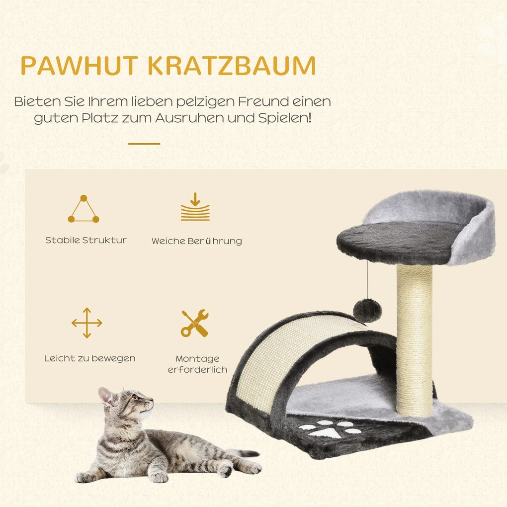 PawHut škrabadlo pro kočky v plyšovém designu s hracími míčky malé 35,5x37x46 cm sisalové škrabadlo šedé levně | Aosom.de