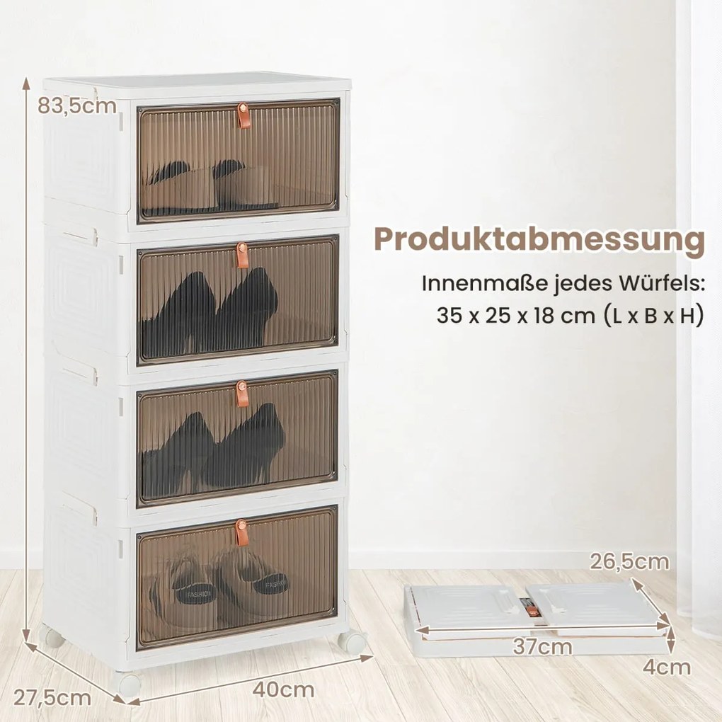 Costway 4patrové úložné boxy s víky a magnetickými průhlednými dvířky a kolečky
