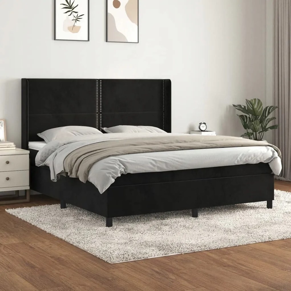 Box Spring Postel S Matrací Černá Samet Černá Hladké s hřebíky 180 x 200