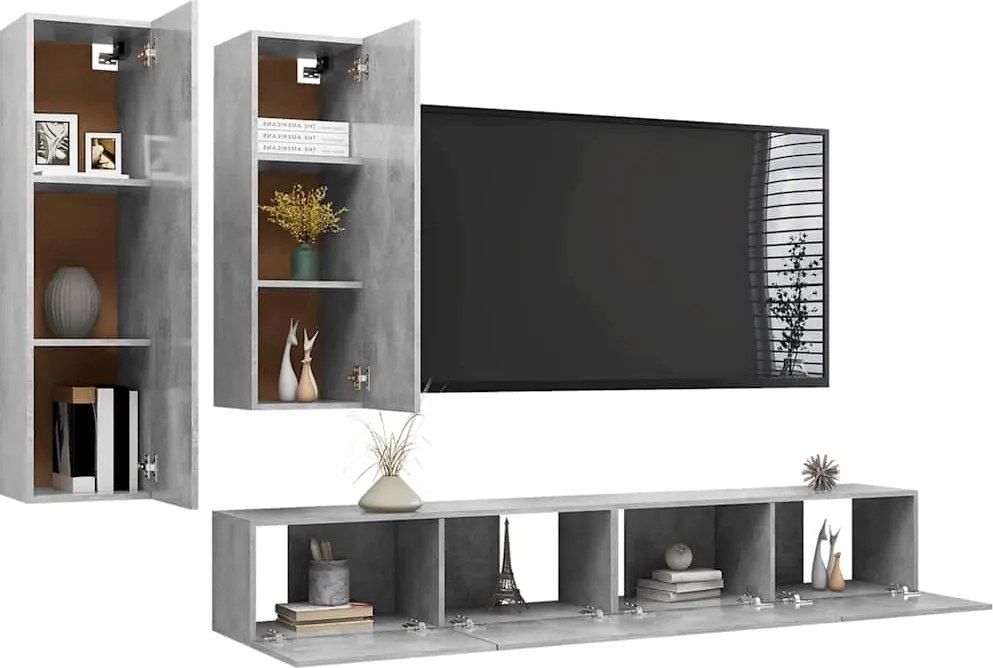 4dílný set TV skříněk betonově šedý kompozitní dřevo 3079153