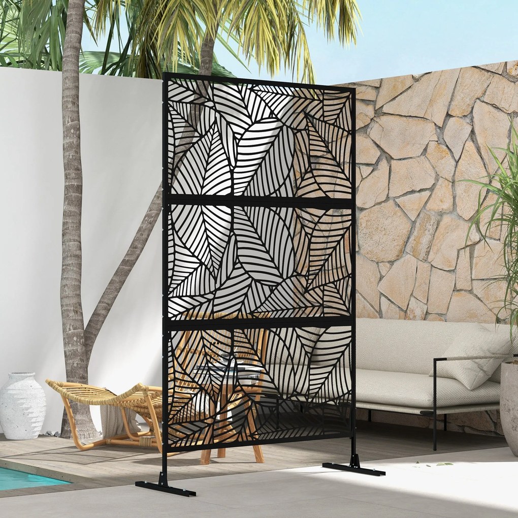 Dekorativní panel pro venkovní použití Outsunny s větrem rozkládající se listovou vzorem - 122 x 45 x 198 cm, černý | Aosom