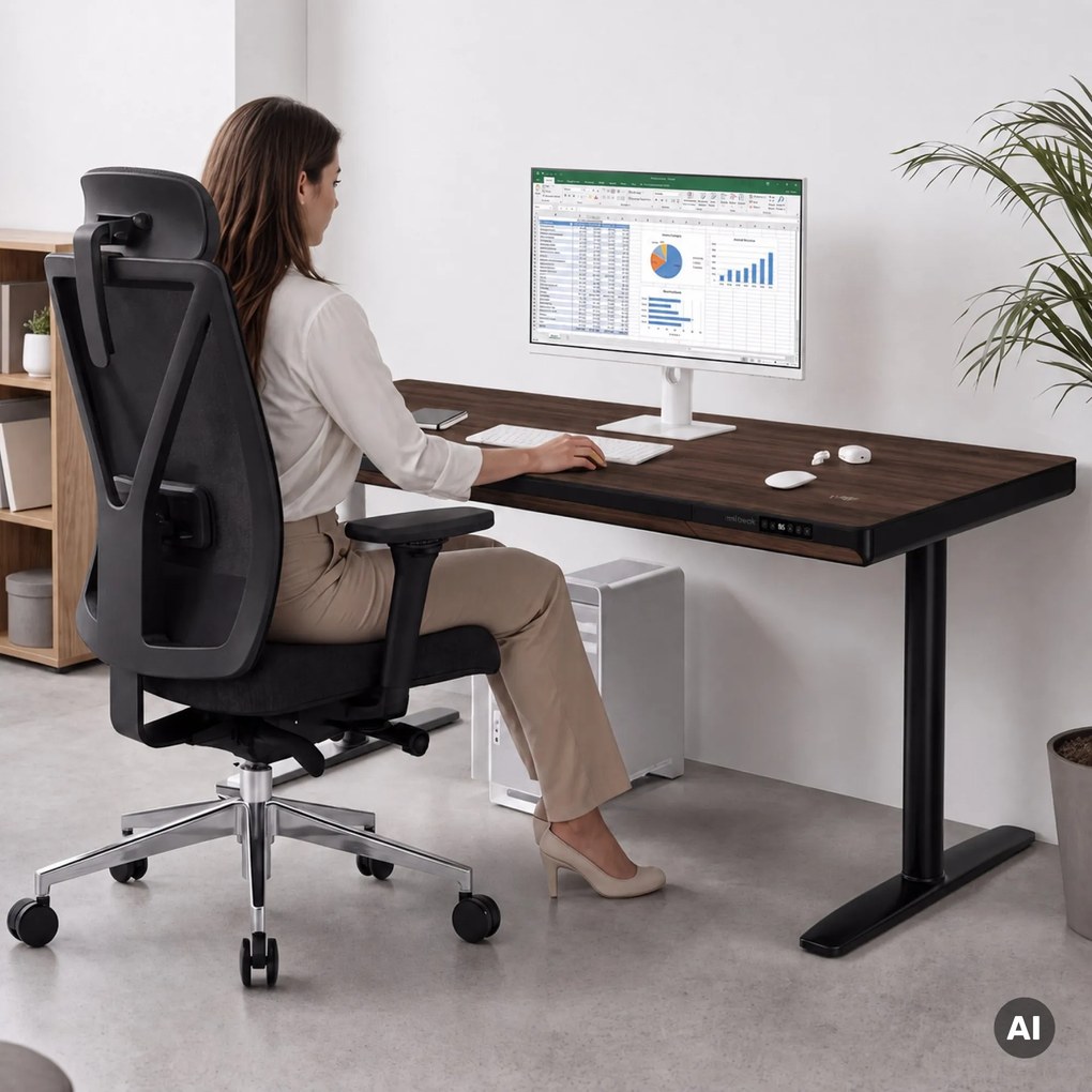 Elektrický psací stůl sit-stand se zásuvkou a bezdrátovou nabíječkou Qi černý/ořech, 1600 mm: ELLIS