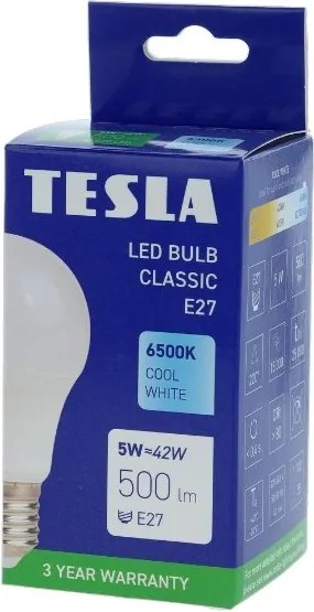 TESLA BL270560-8 - LED bulb žárovka E27, 5W, 500 lm, 6500K, studená bílá