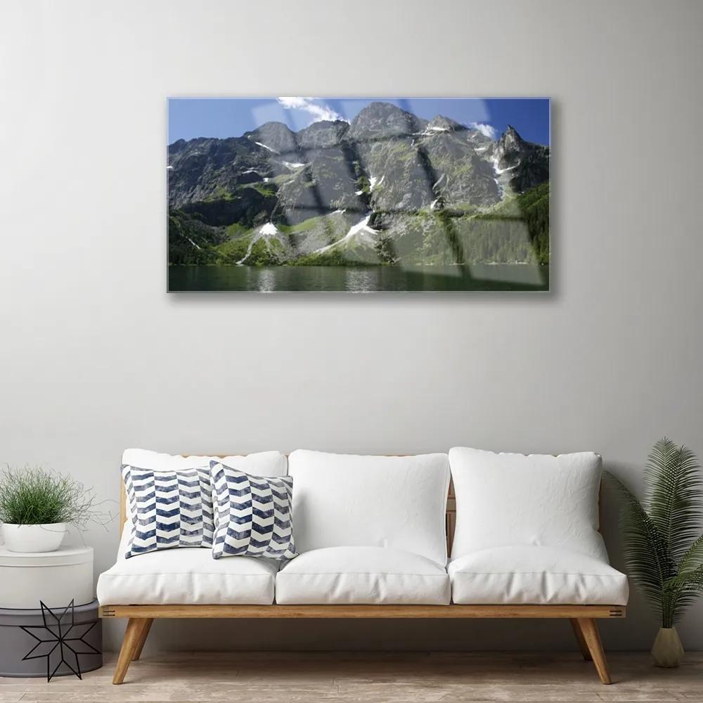 Obraz na skle Hory Jezero Les Krajina 120x60 cm