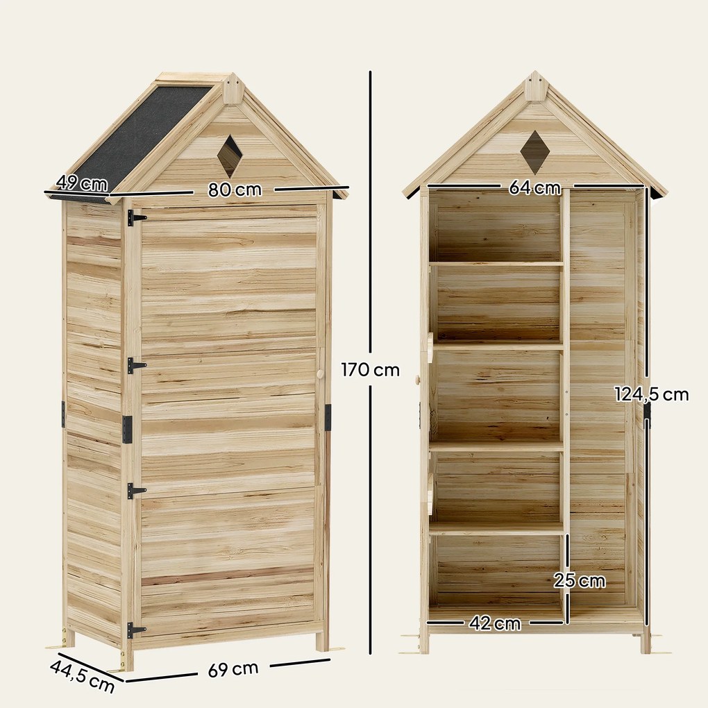 Dřevěný zahradní kabinet Outsunny, vodotěsný skladovací domek 80 x 49 x 170 cm, odolný proti povětrnostním vlivům s dveřmi, štítovou střechou, police…