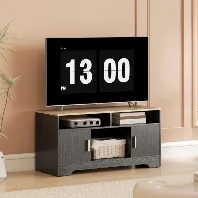 HOMCOM TV stolek ze dřeva s 2 nikami, 2 skříňkami s dvířky, 1 otevřenou skříňkou, 105 x 40 x 52 cm, černý dekor dřeva