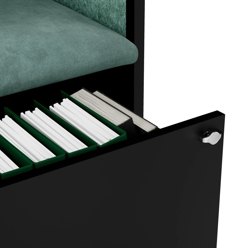 Kancelářská akustická kabina se sedátkem a USB-C portem, korpus černý / sedák zelený, 1150 mm: SALLY MentalBox