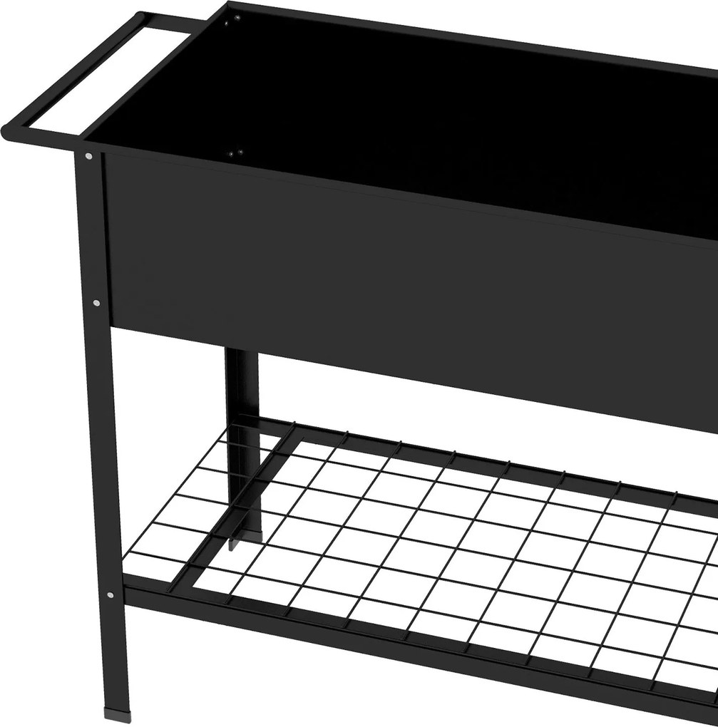 Metalová pěstební miska Outsunny se stojanem a policí 104L x 39Š x 80V cm 2 kola + zavlažovací vložka Černá