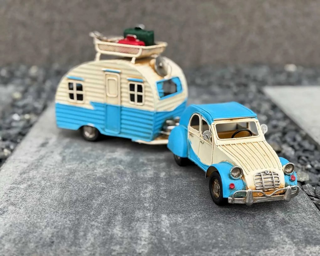 Kovový model - Retro auto 2CV s karavanem