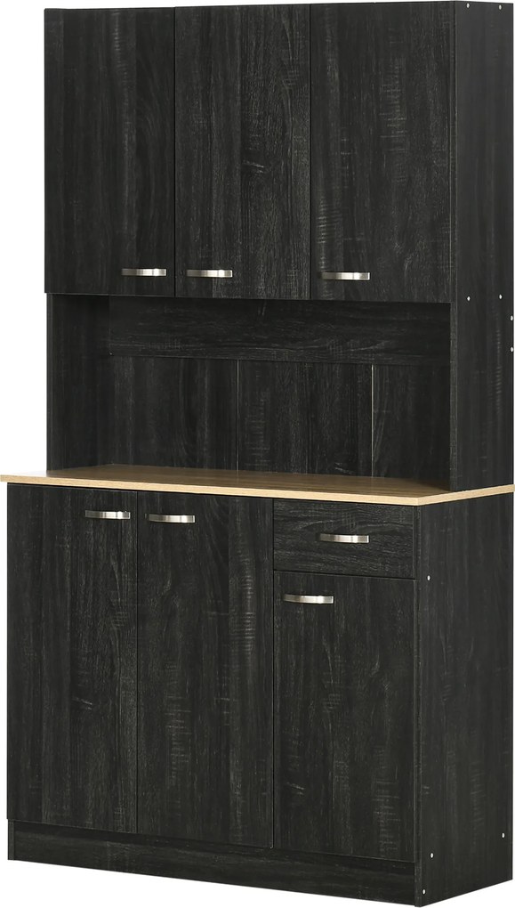 HOMCOM Moderní kuchyňská komoda s bufetem, 6 dveří, 1 zásuvka + Velký pracovní stůl 101L x 39W x 180H cm, černé dřevo