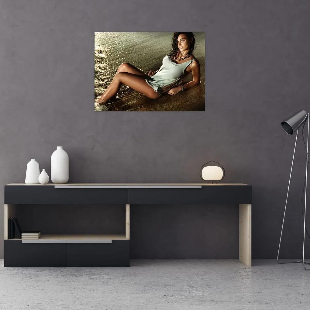 Skleněný obraz ženy na pláži (70x50 cm)