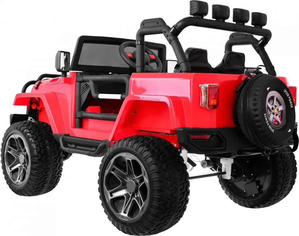 Ramiz Dětské terénní auto Monster Jeep 4x4 červené + dálkové ovládání + nastavitelné sedadlo + MP3 LED + zavazadlový prostor + batoh