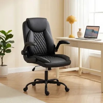 HOMCOM kancelářská židle, ergonomická kancelářská židle s výklopnými područkami, výškově nastavitelná, funkce houpání, černá