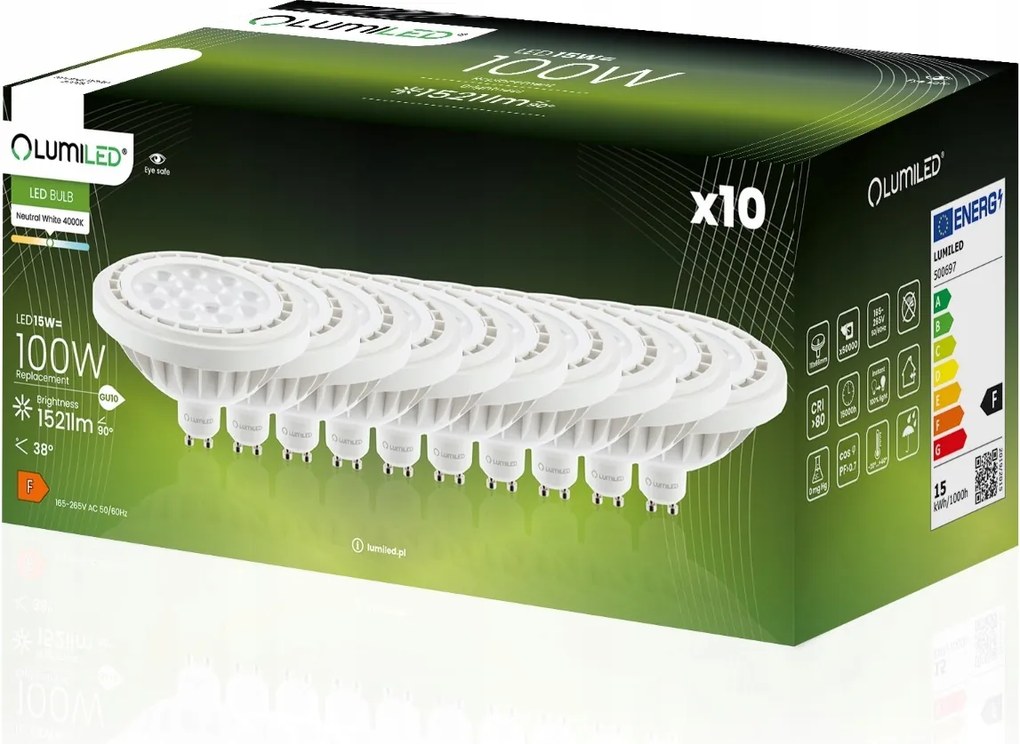 10x Led žárovka GU10 AR111 ES111 15W 100W 4000K Neutrální 38° Lumiled