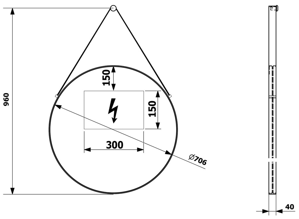 Sapho ORBITER kulaté zrcadlo s LED osvětlením ø 70cm, kožený pásek, černá mat - ORL070