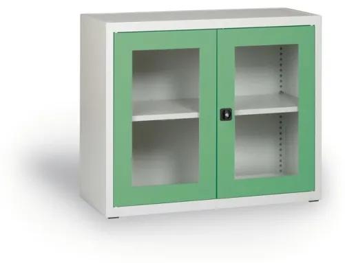 Alfa 3 Dílenská policová skříň s prosklenými dveřmi, 800 x 920 x 400 mm, šedá/zelená