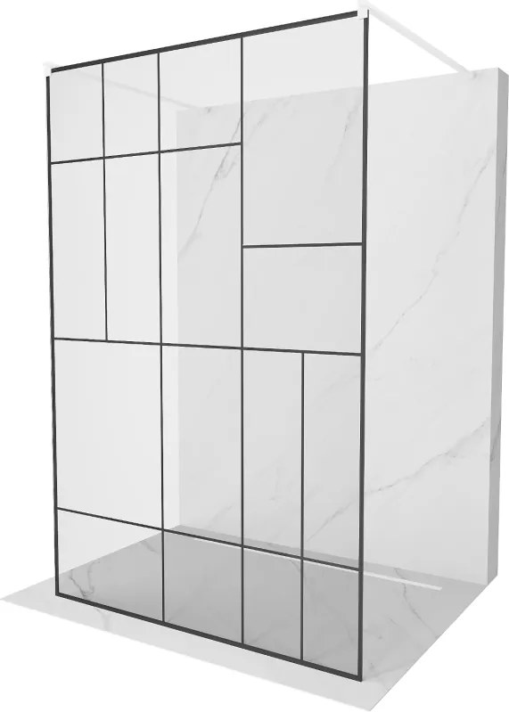 Mexen Kioto, průchozí sprchová zástěna 130 x 200 cm, 8mm sklo čiré/černý vzor, 2x bílá stabilizační rozpěra, 800-130-002-20-78