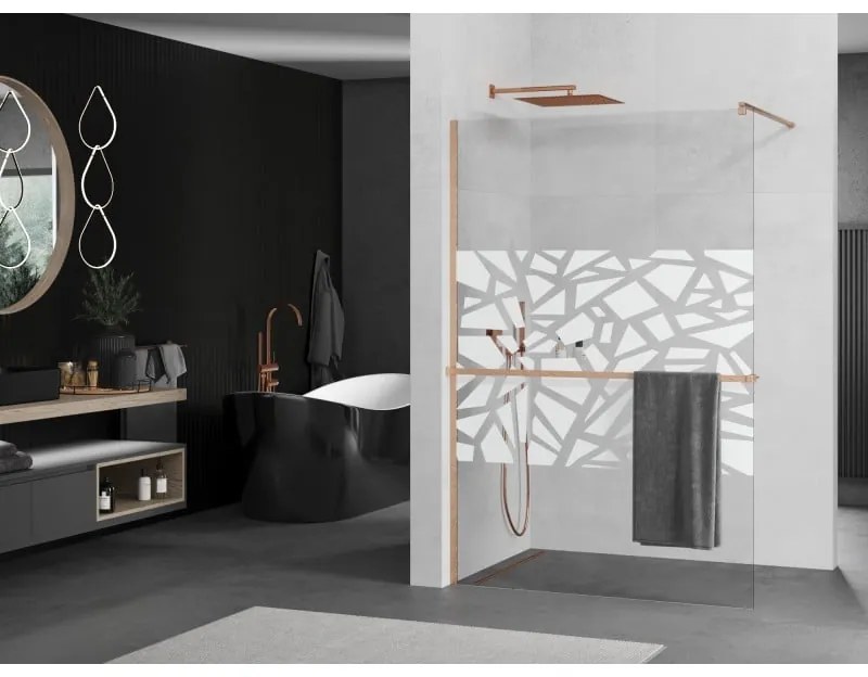 Mexen Kioto+, sprchová zástěna Walk-In s poličkou a věšákem 100 x 200 cm, 8mm čiré sklo bílý vzor, měděný matný profil, 800-100-121-65-85