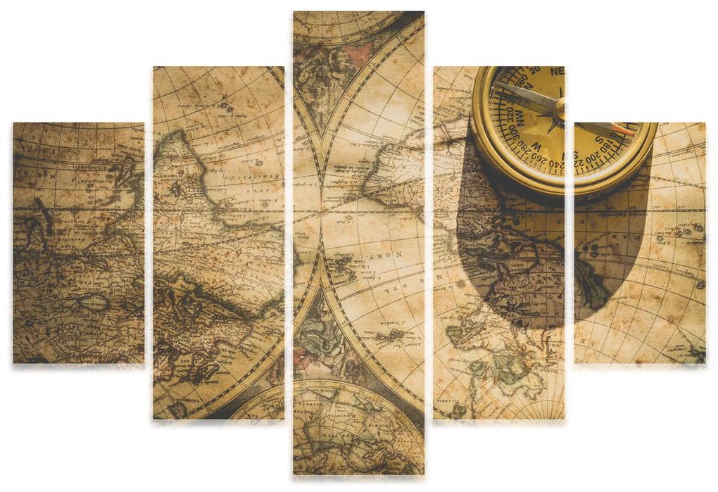 Malvis ® Obraz kompas na mapě Velikost (šířka x výška): třídílný obdélník - 120x80 cm