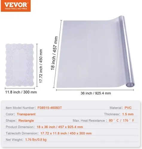 průhledný chránič na stůl, 45,7 × 91,4 cm obdélníkový obal na stůl