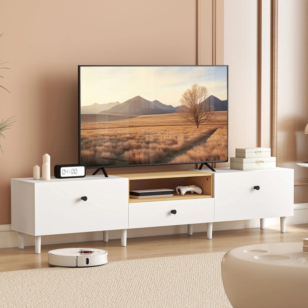 HOMCOM televizní nábytek, TV stolek pro televize až do 228,6 cm s 2 výklopnými dvířky, zásuvkou, 200 x 35 x 45 cm, bílý