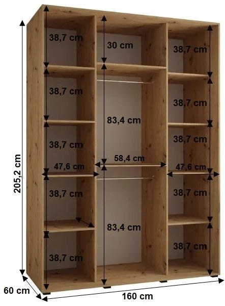 Šatní skříň YVONA 3 - 160/60 cm, dub artisan / stříbrná