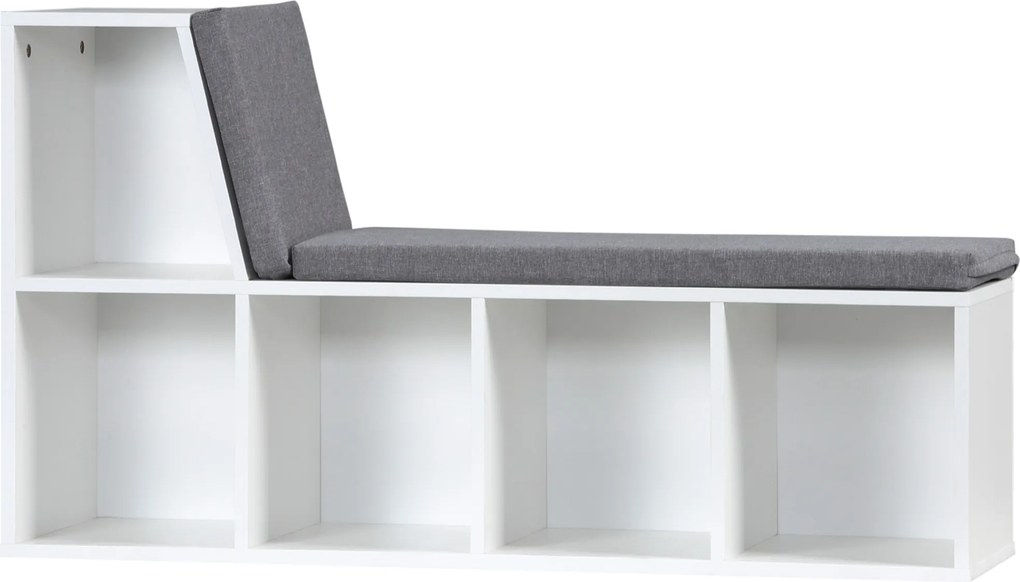 HOMCOM 2-in-1 úložná lavice s 5 přihrádkami a 2 polštářky, knihovna 108 x 30 x 60 cm, bílá šedá