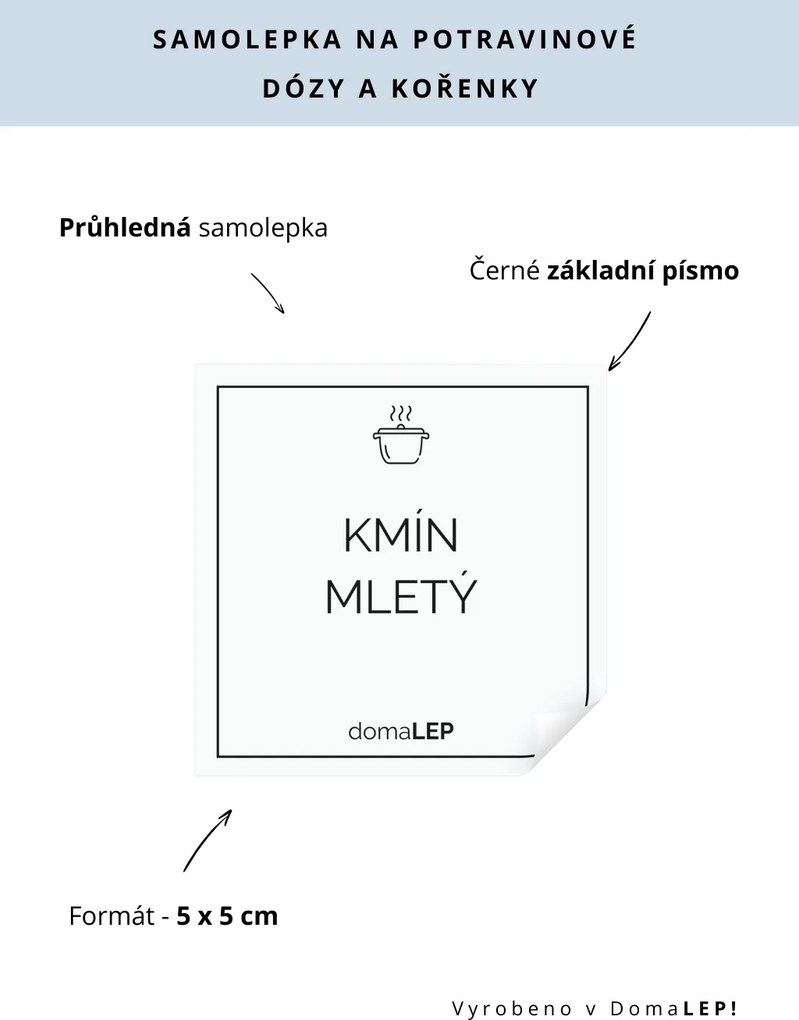 Samolepka na kořenky KMÍN MLETÝ průhledná 5 × 5 cm základní písmo