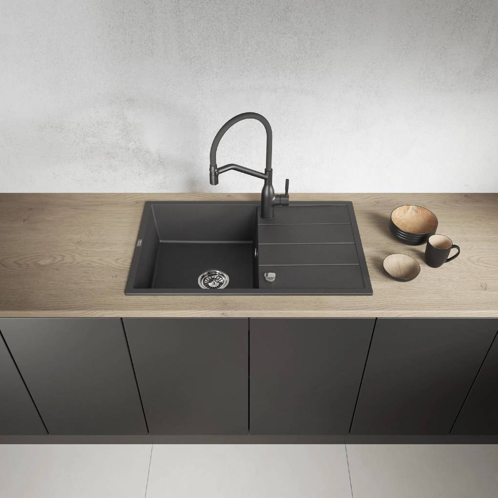 Laveo Wolin, 1-komorový granitový dřez 780x480x185 mm, černá skvrnitá, LAV-SPW_711T